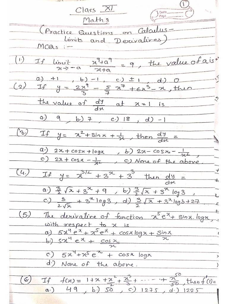 Practice Questions On Limits and Derivatives, Class XI | PDF