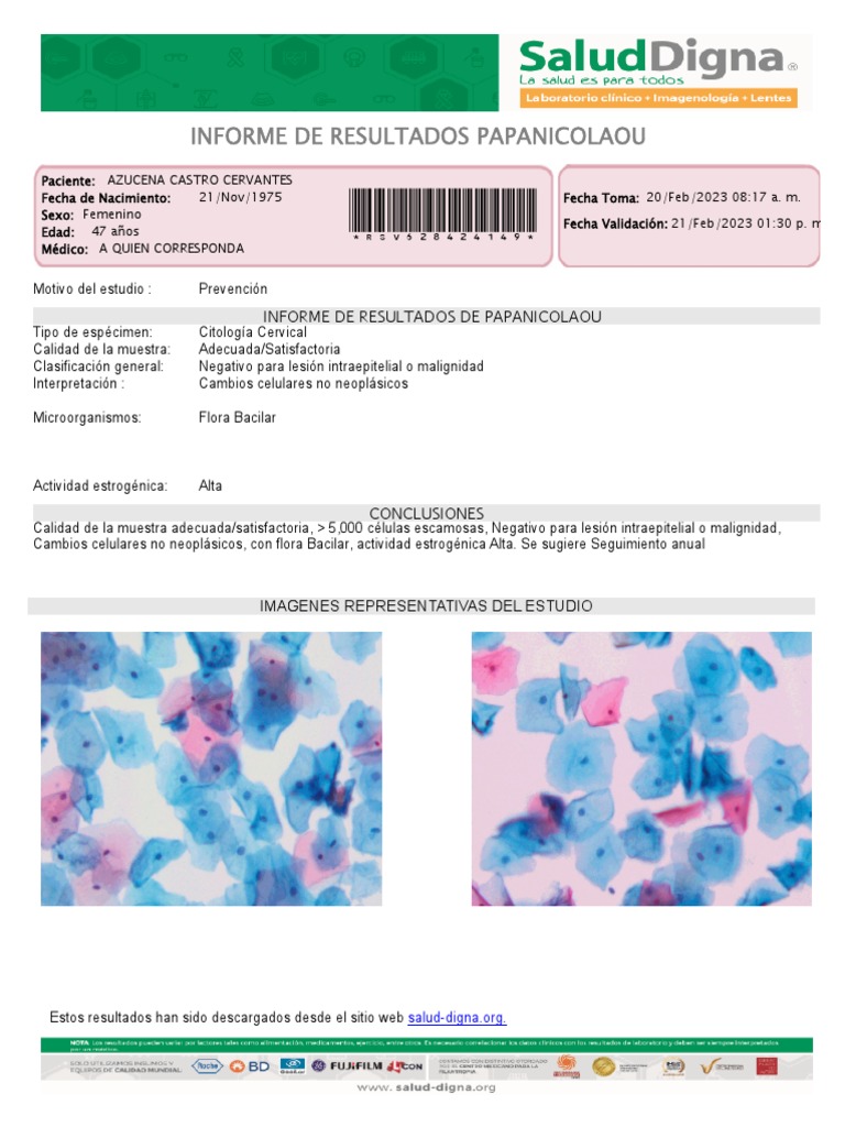 Informe de Resultados de Papanicolaou | PDF | Causas de la muerte | Cuidado de la salud