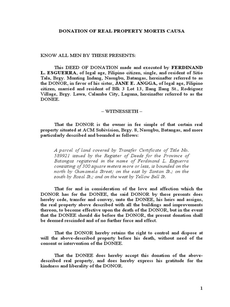 Form No. 20 - DONATION MORTIS CAUSA | PDF | Private Law | Natural ...