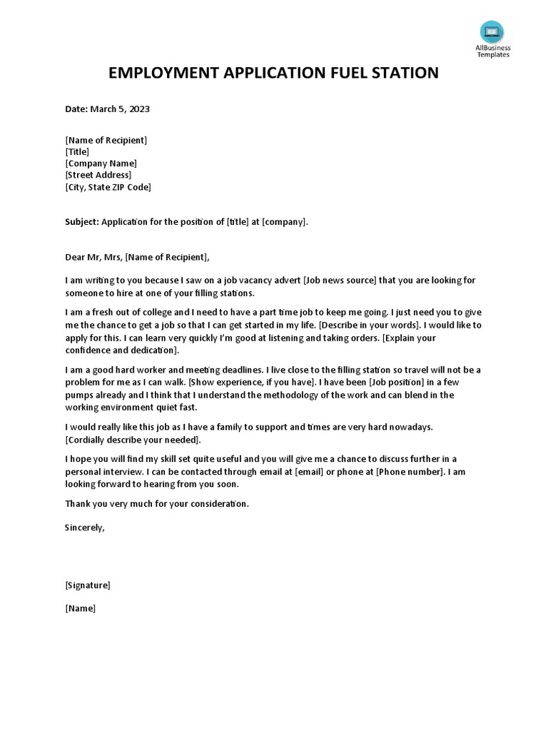 Application Letter for Fuel Station Job | PDF | Filling Station