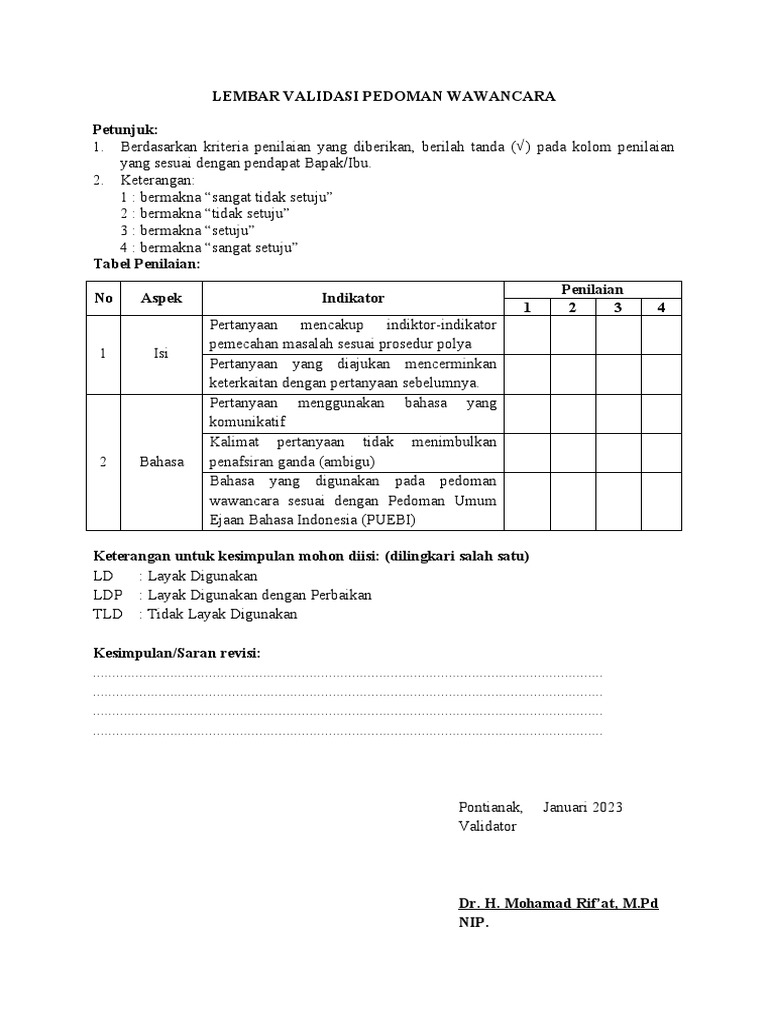 LEMBAR VALIDASI PEDOMAN WAWANCARA | PDF