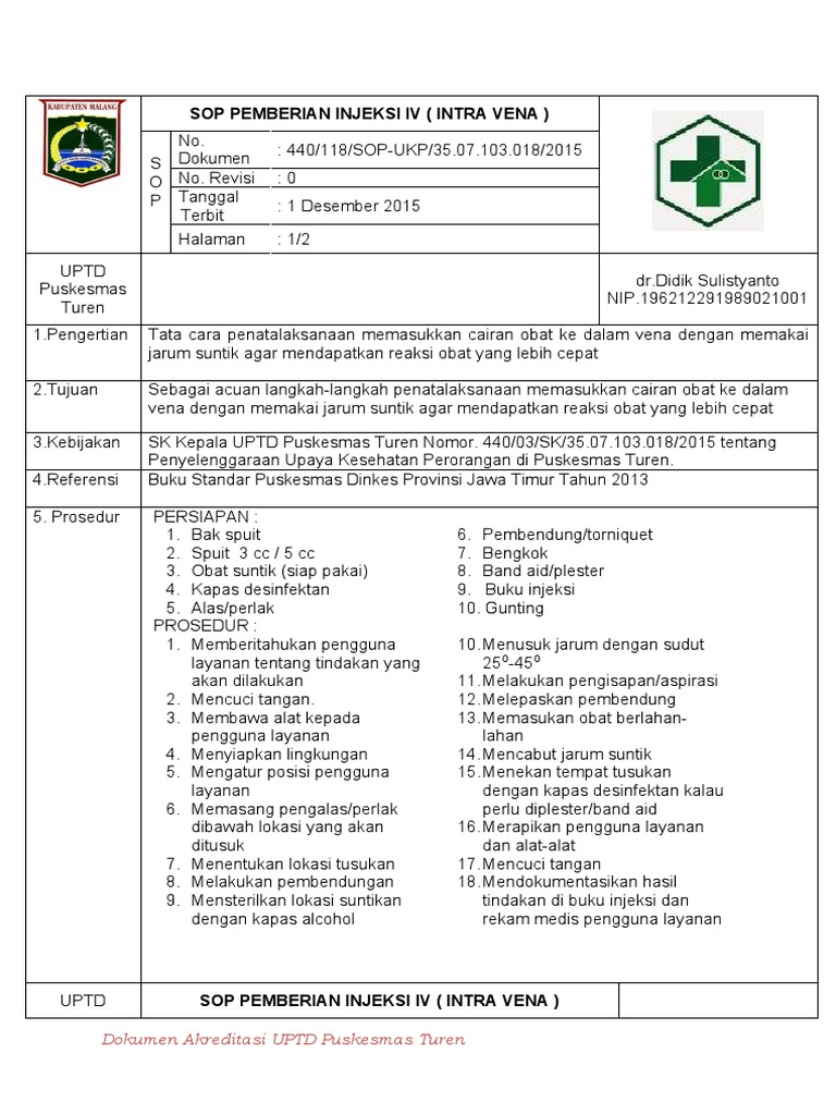SOP 118 Pemberian Injeksi IV | PDF