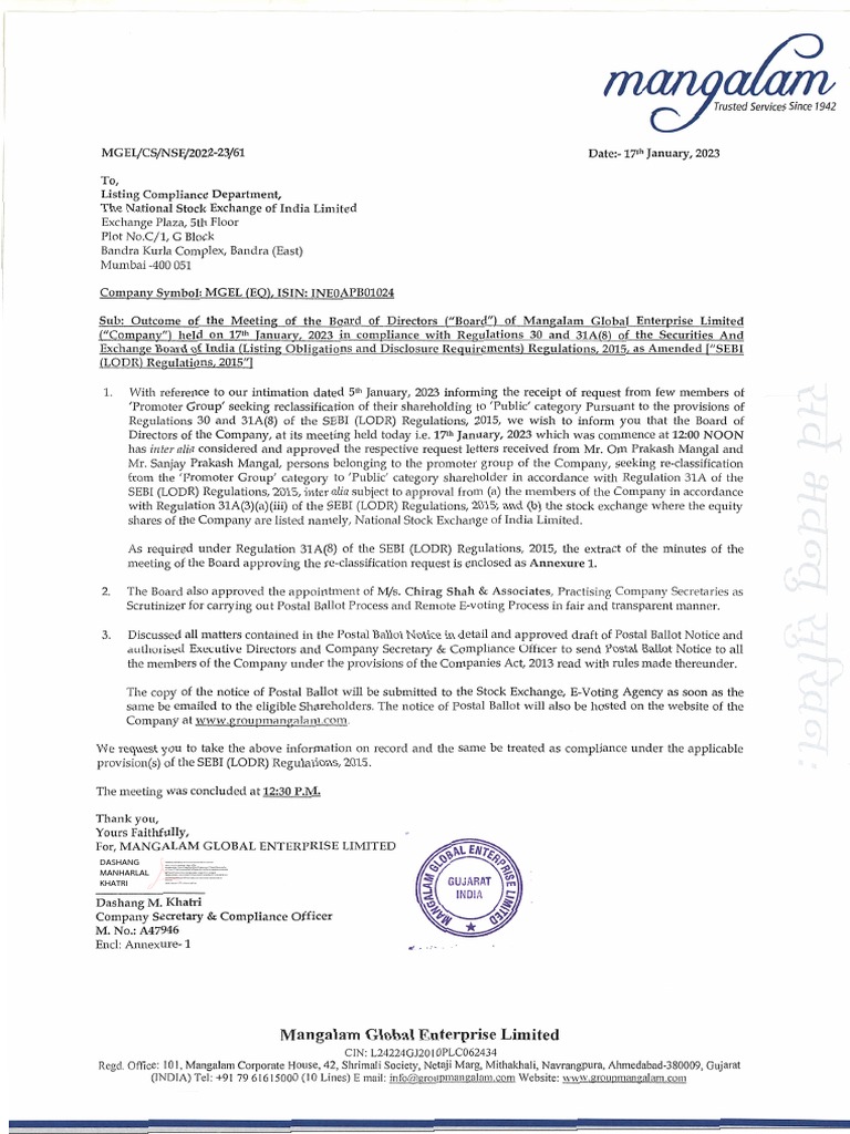 Mgel 17012023124449 61outcomeofbmreclassification | PDF | Stocks | Stock Exchange