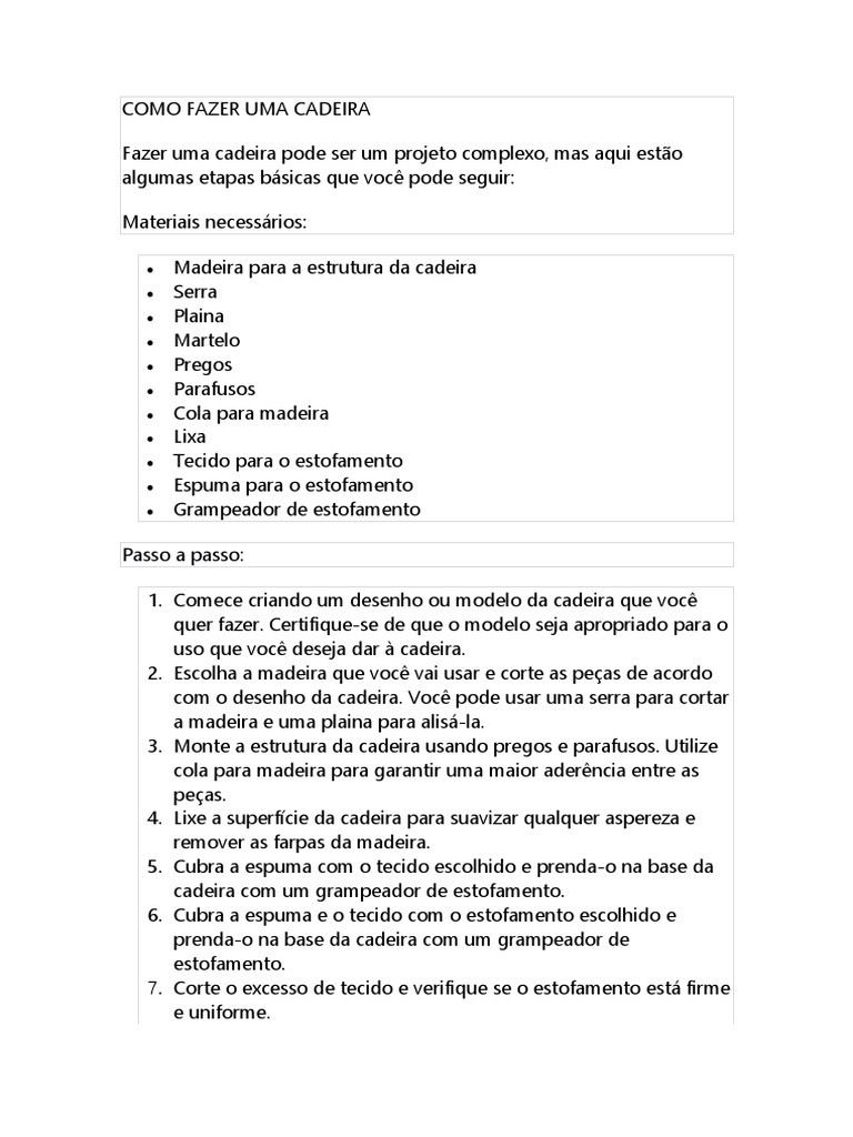 Como Fazer Uma Cadeira | PDF