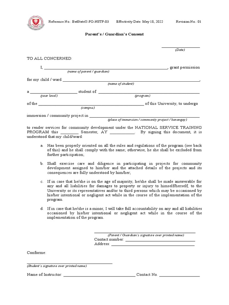 BatStateU FO NSTP 03 Parents Guardians Consent For NSTP Rev. 01 | PDF