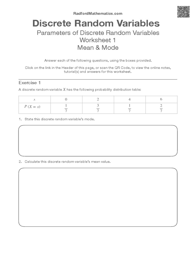 Parameters of Discrete Random Variables Worksheet 1 | PDF | Science ...