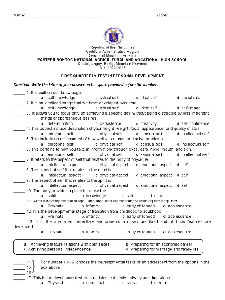 1Q Test Qs PerDev | PDF | Adolescence | Philosophy Of Self