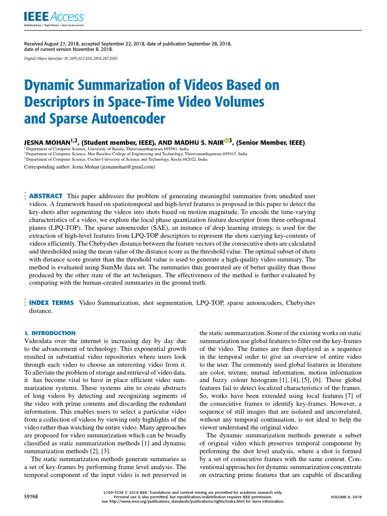 Dynamic Summarization of Videos Based On Descriptors in Space-Time Video Volumes and Sparse ...