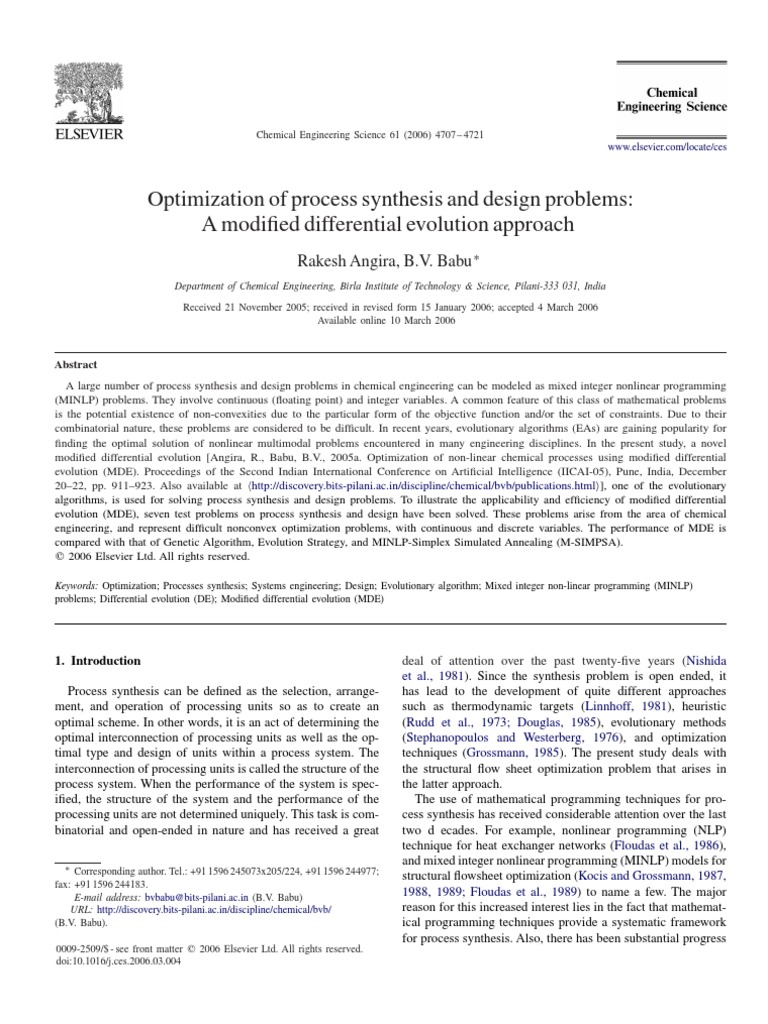 Optimization of Process Synthesis and Design Problems - A Modified Differential Evolution ...