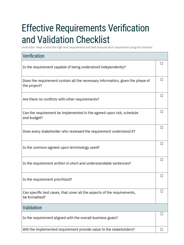 Verify and Validate Checklist | PDF