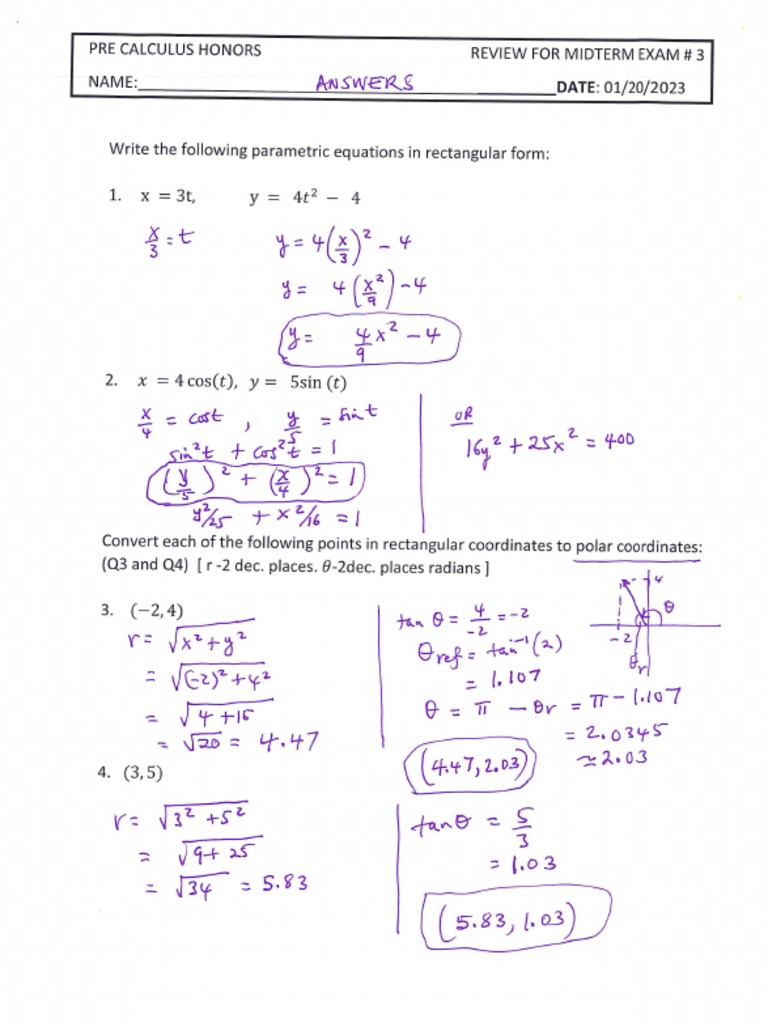 Pre-Calculus Honors-Answers Midterm Review # 3 | PDF
