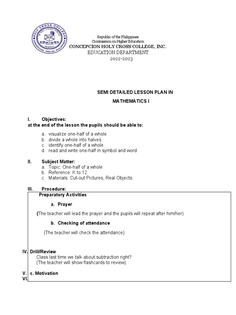 SDLP One-Half of A Whole. MATH 1 | PDF | Teachers | Learning