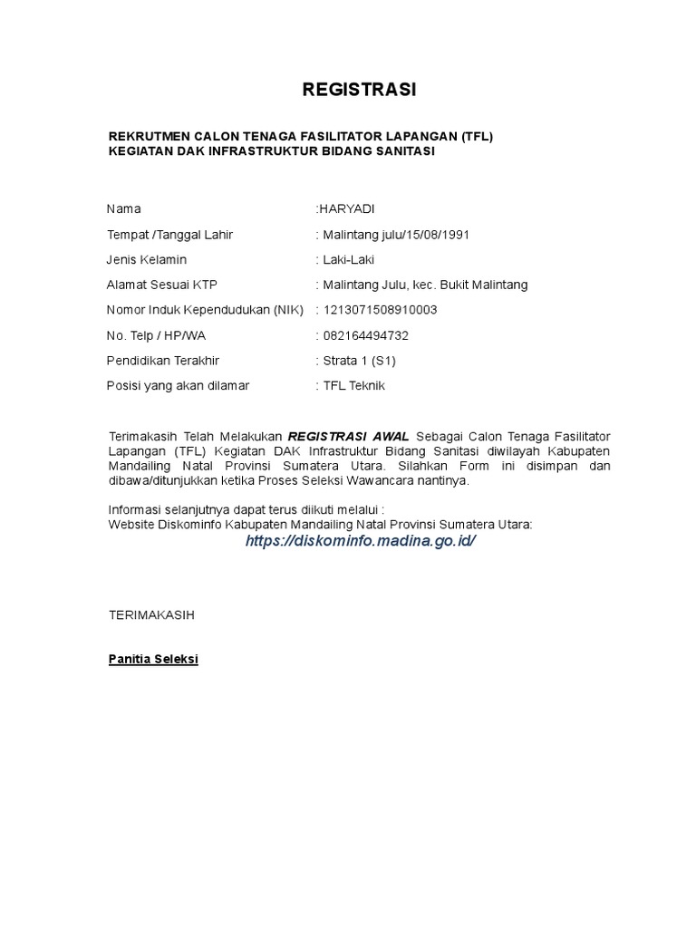 Registrasi Rekrutmen TFL | PDF