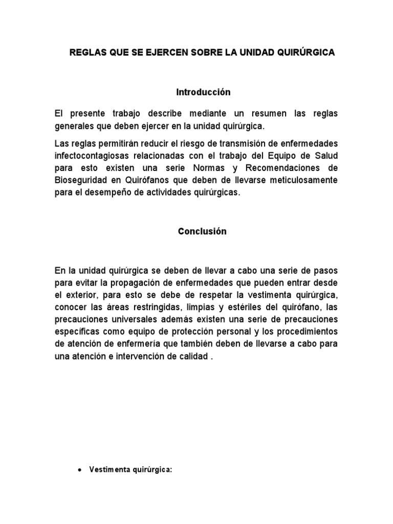 REGLAS QUE SE EJERCEN SOBRE LA UNIDAD QUIRÚRGICA | PDF | Ropa ...