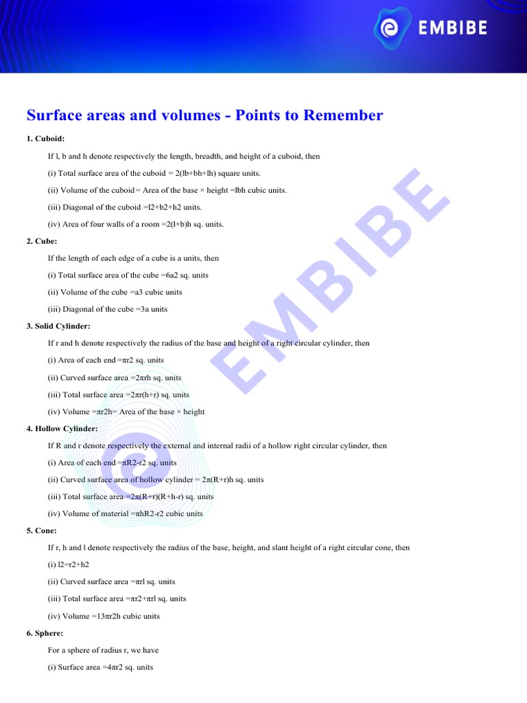 Surface Areas and Volumes Class 10 Formulas | PDF | Area | Volume