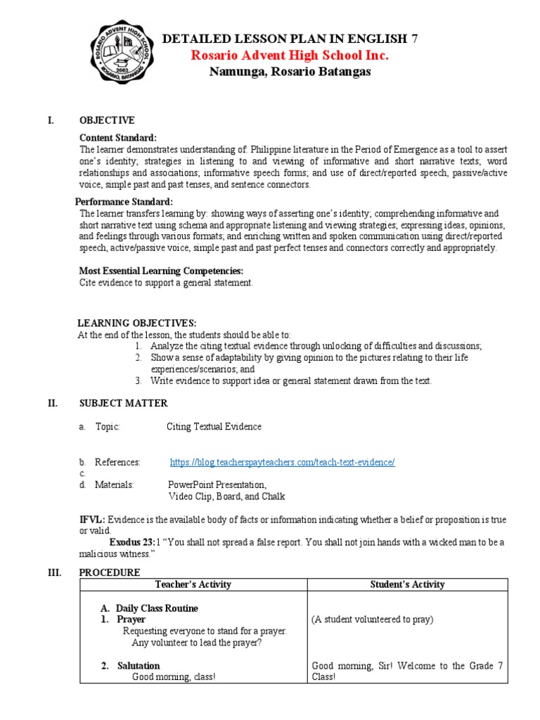 G 7 Lesson Plan Week 2 | PDF | Evidence | Cognition