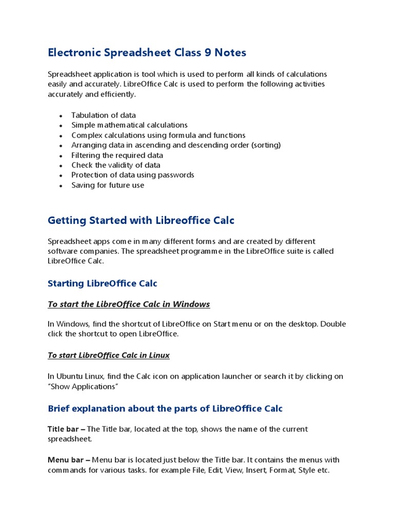 Class 9 Electronic Spreadsheet Notes | PDF | Spreadsheet | Multiplication