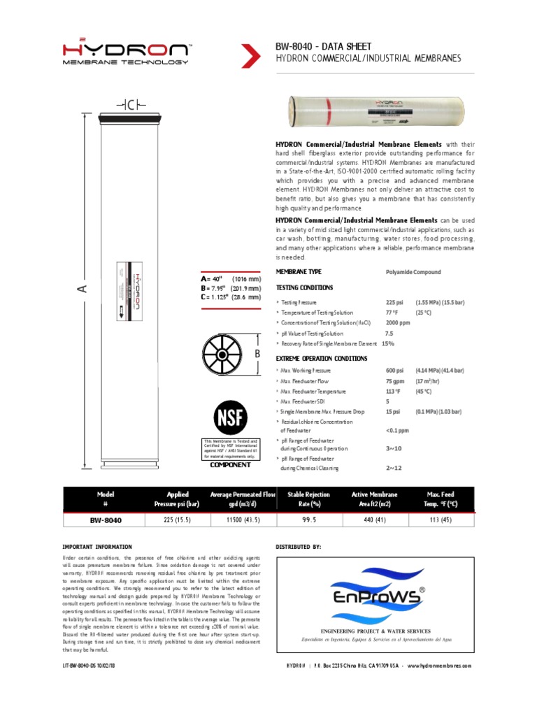 Ficha Tecnica HYDRON BW-8040 | PDF | Membrane | Membrane Technology