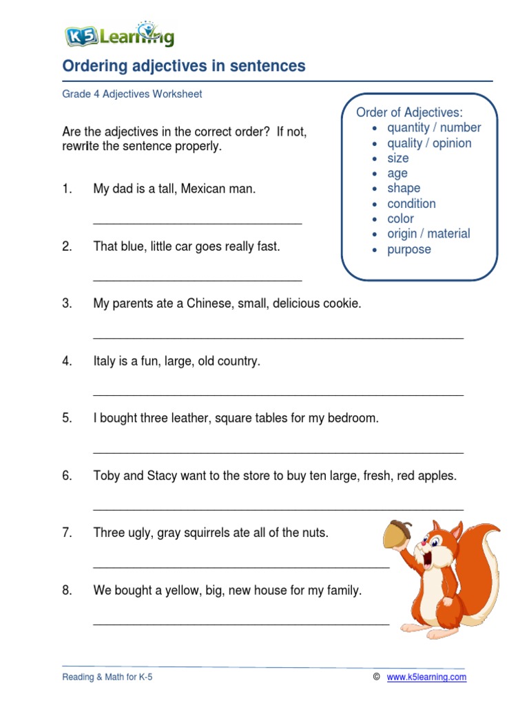 Grade 4 Order Adjectives Sentences A | PDF | Linguistic Typology | Grammar