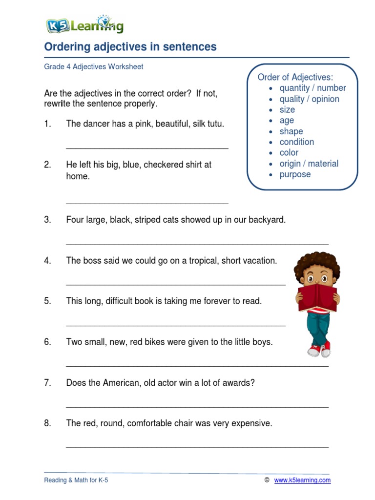 Grade 4 Order Adjectives Sentences B | PDF