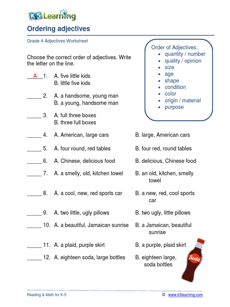 Grade 4 Ordering Adjectives A | PDF