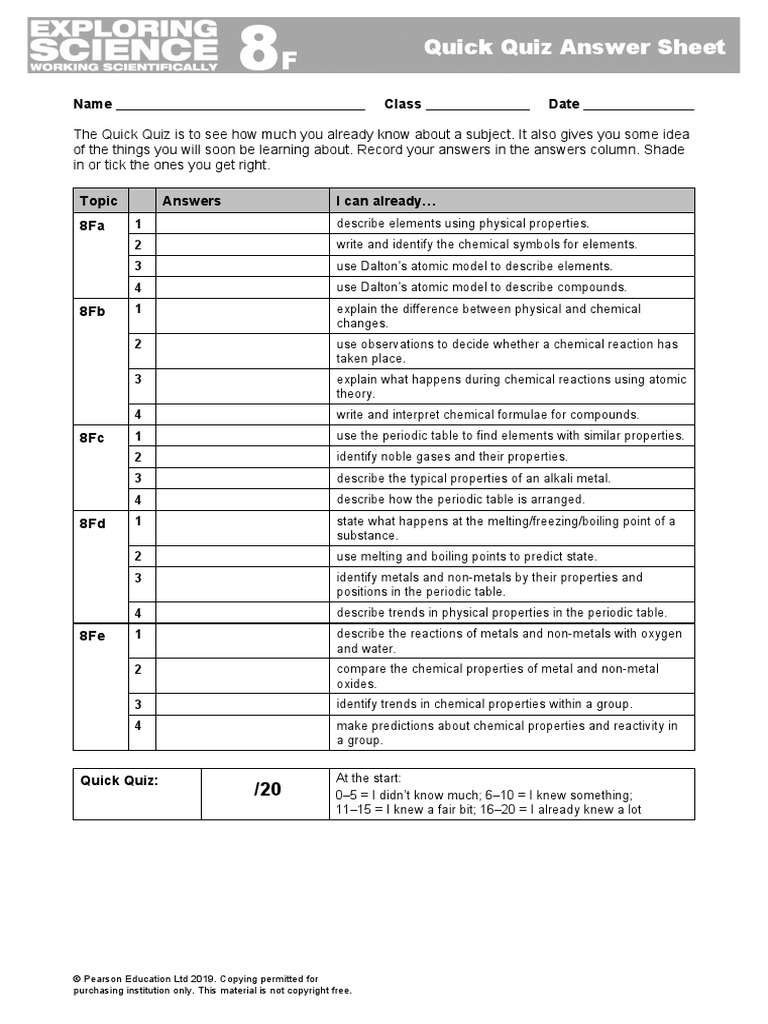 8F Quick Check Quiz Answers | Download Free PDF | Chemical Substances ...