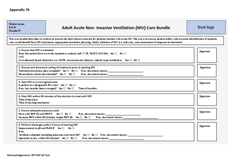 Appendix 7b - Example NIV Care Bundle (BTS) | PDF | Health Sciences | Causes Of Death