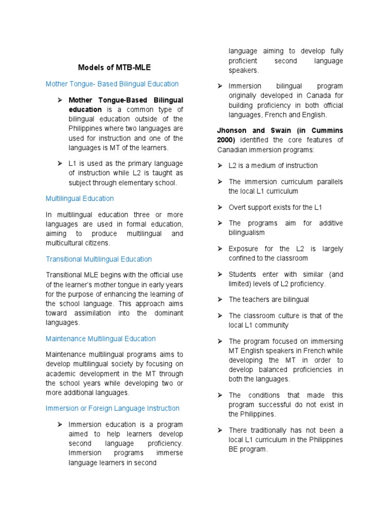 Models of Mother Tongue-Based Education | PDF | Multilingualism | First ...
