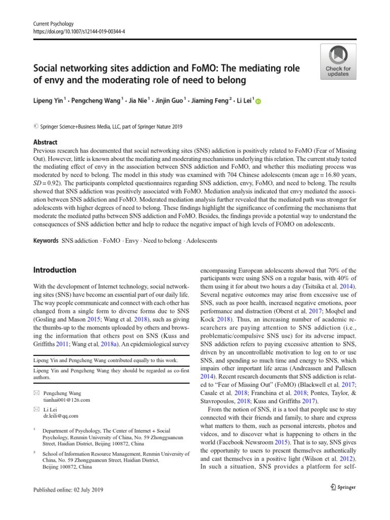 SNS Addiction, FoMO, and Envy in Adolescents | PDF | Social Networking ...