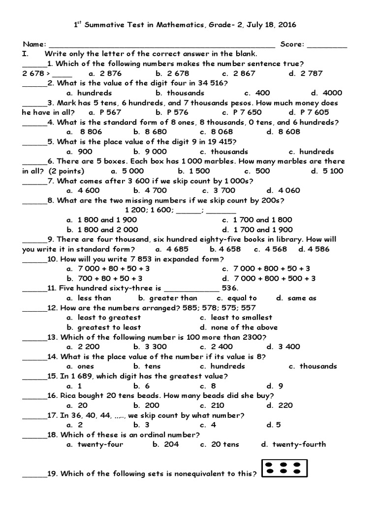 Grade 2 Summative Math | PDF | Numbers | Lexicology
