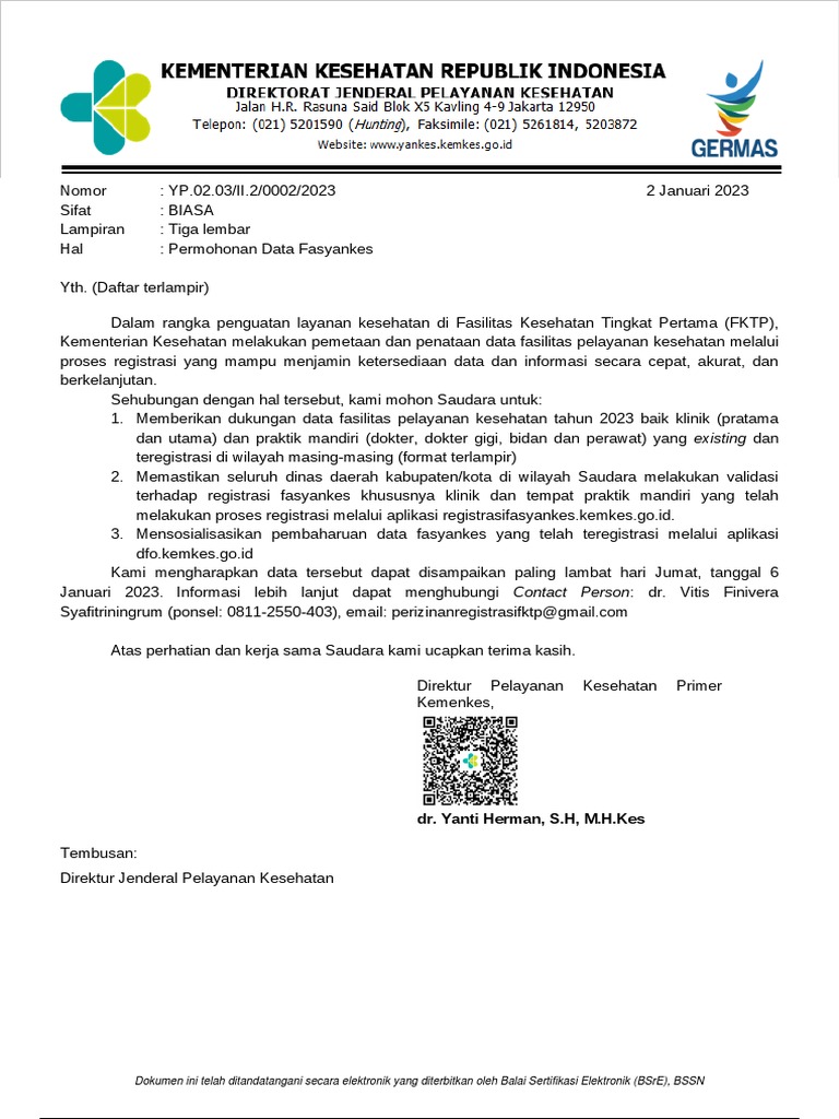 Surat Permohonan Data Fasyankes Tahun 2023 | PDF