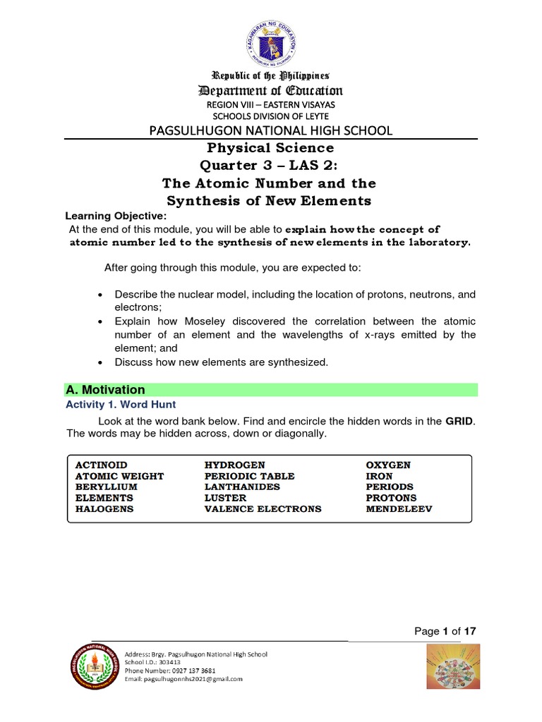 Physical Science - Q3 - LAS2 - THE ATOMIC NUMBER AND THE SYNTHESIS OF NEW ELEMENTS - JOSHUA B ...