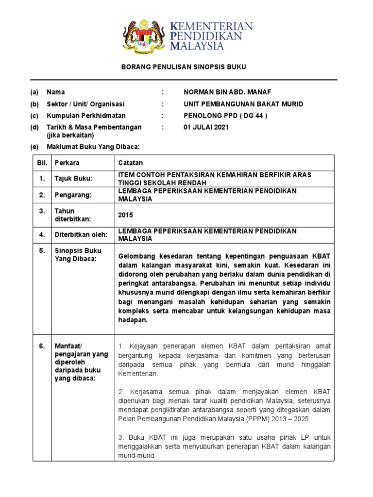 Format Pelaporan Pembacaan Buku | PDF