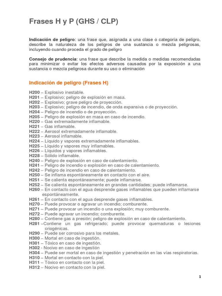 FRASES H y P Productos Quimicos Peligrosos | PDF | Alergia | Agua