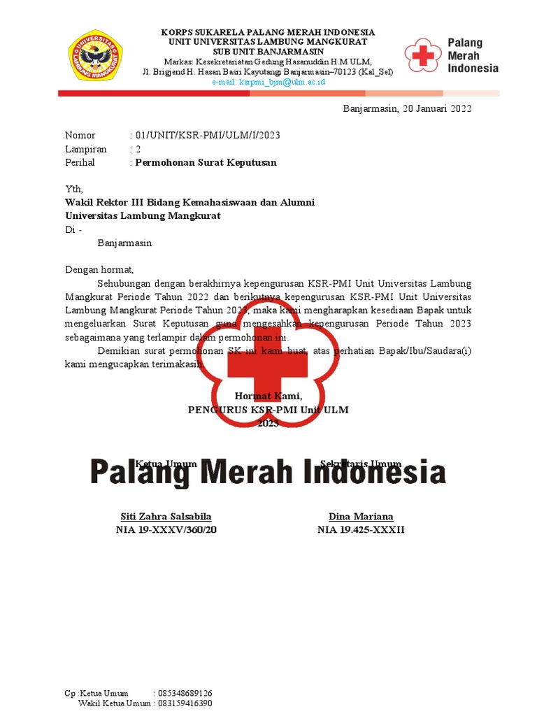 Permohonan SK KSR-PMI ULM 2023 | PDF