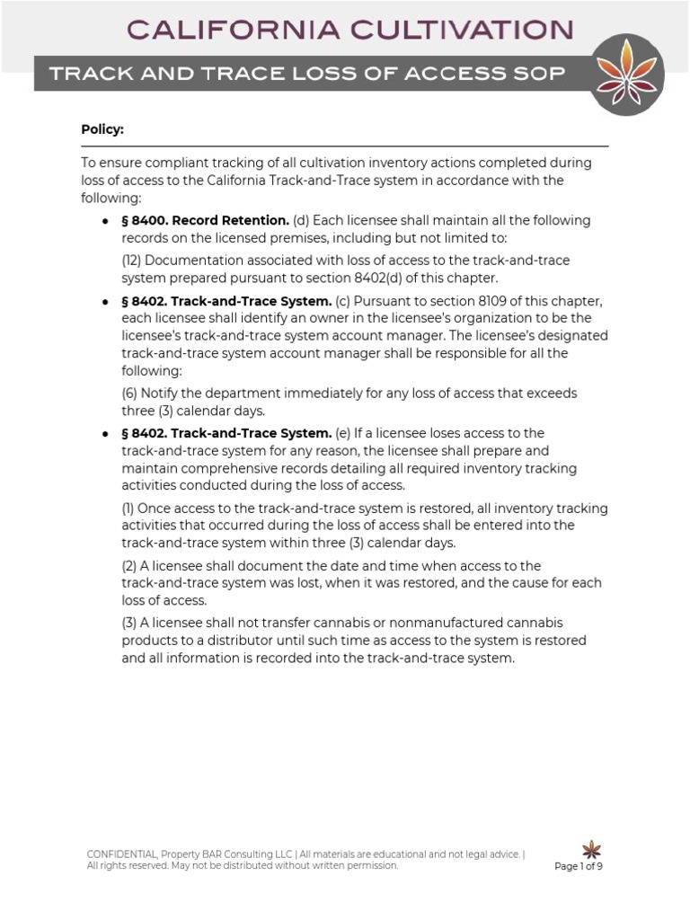 Sample SOP - Track and Trace Loss of Access | PDF | License | Business