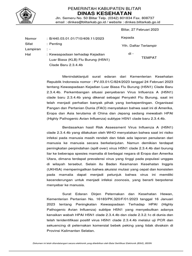 Kewaspadaan KLB Flu Burung (H5N1) Clade Baru 2.3.4.4b | PDF