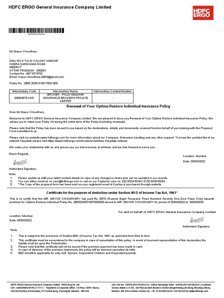 Renewal of Your Optima Restore Individual Insurance Policy | PDF ...