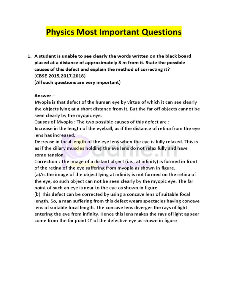Physics Class 10 - Most Repeated Questions | PDF | Eye | Electrical ...