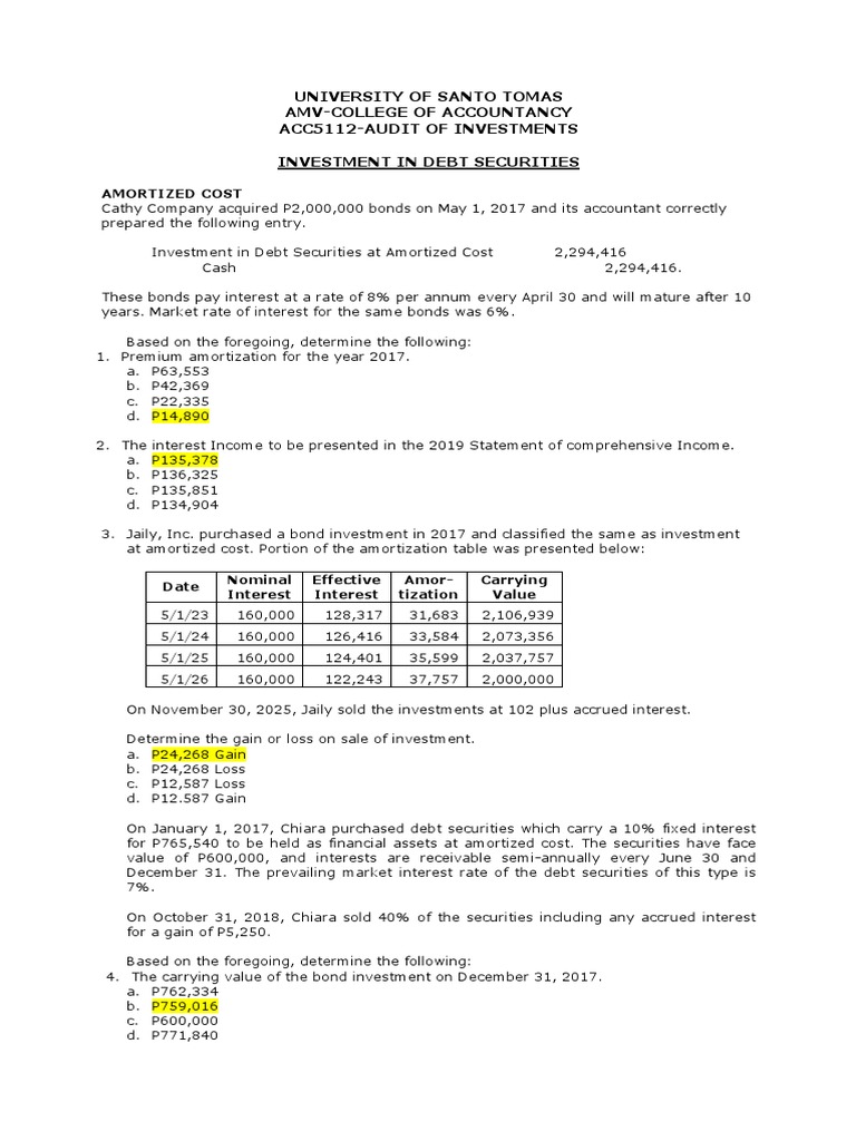 Answer Key - Exercise Problems Investment in Debt Securities | PDF
