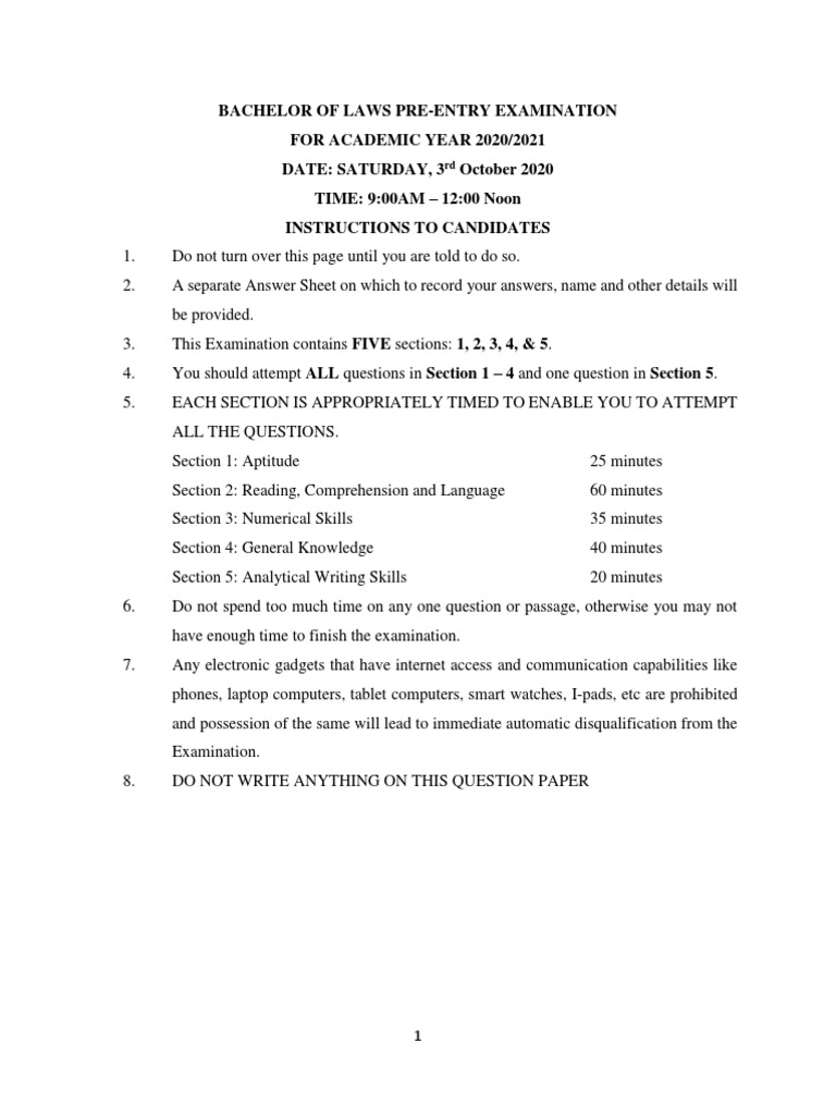 Bachelor of Laws Pre-Entry Examination | PDF | Coronary Artery Bypass ...