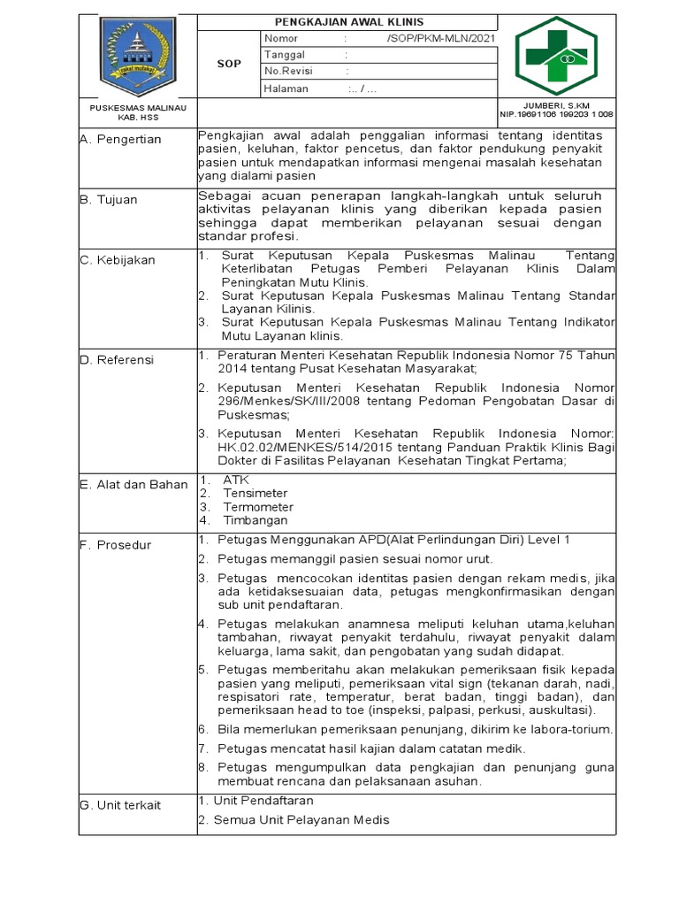 Sop Pengkajian Awal Klinis Malinau | PDF | Pengembangan Diri | Kesehatan Holistik