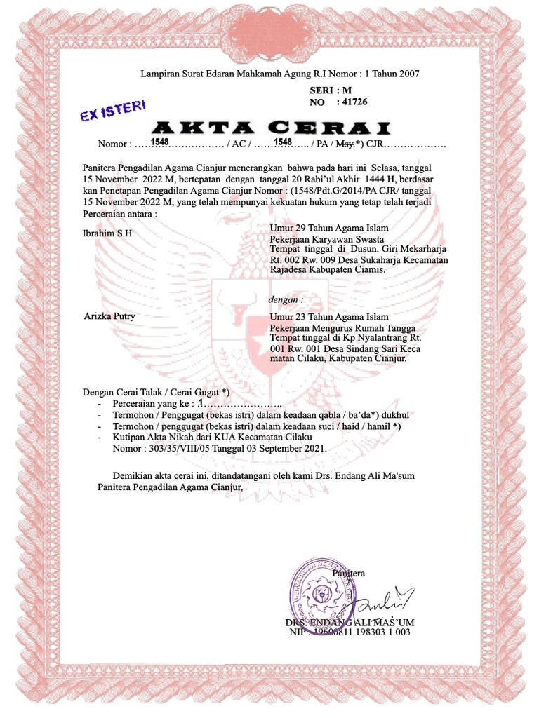 Akte Cerai Istri Cianjur Done Merah | PDF