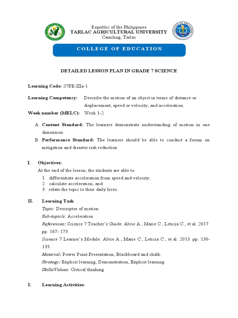 DLP Science 7 Week 1-2 (Acceleration) | PDF | Acceleration | Velocity