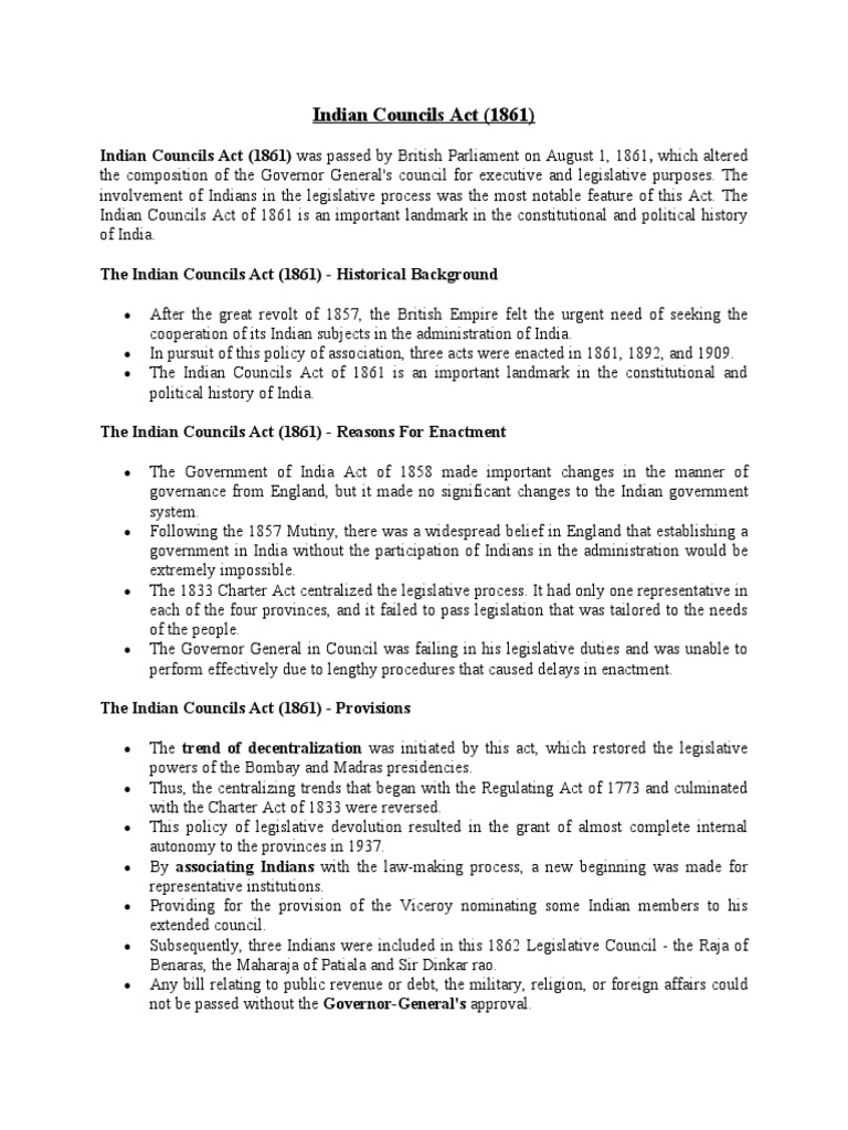 Provisions of the Indian Councils Act 1861 | PDF | Constitutional Law ...