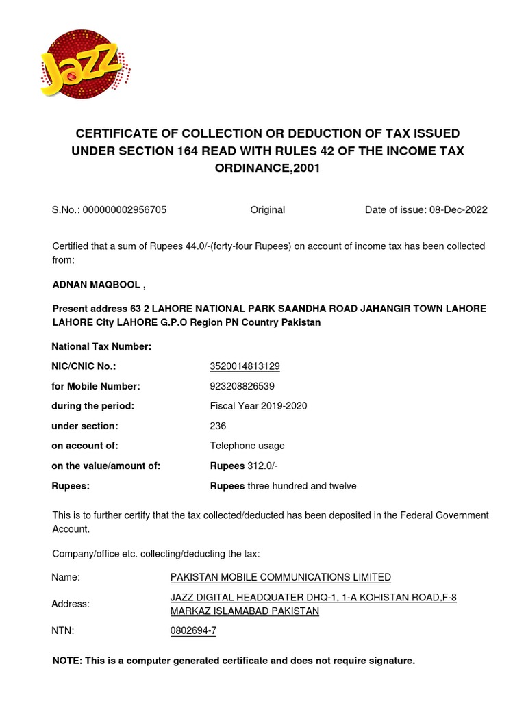 Certificate of Collection or Deduction of Tax Issued Under Section 164 ...