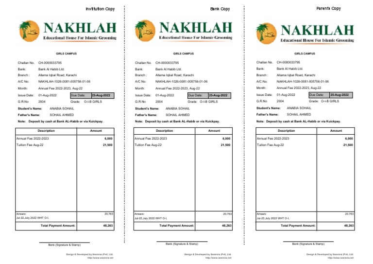 Payment receipt for a student's annual fees, tuition, and arrears at ...