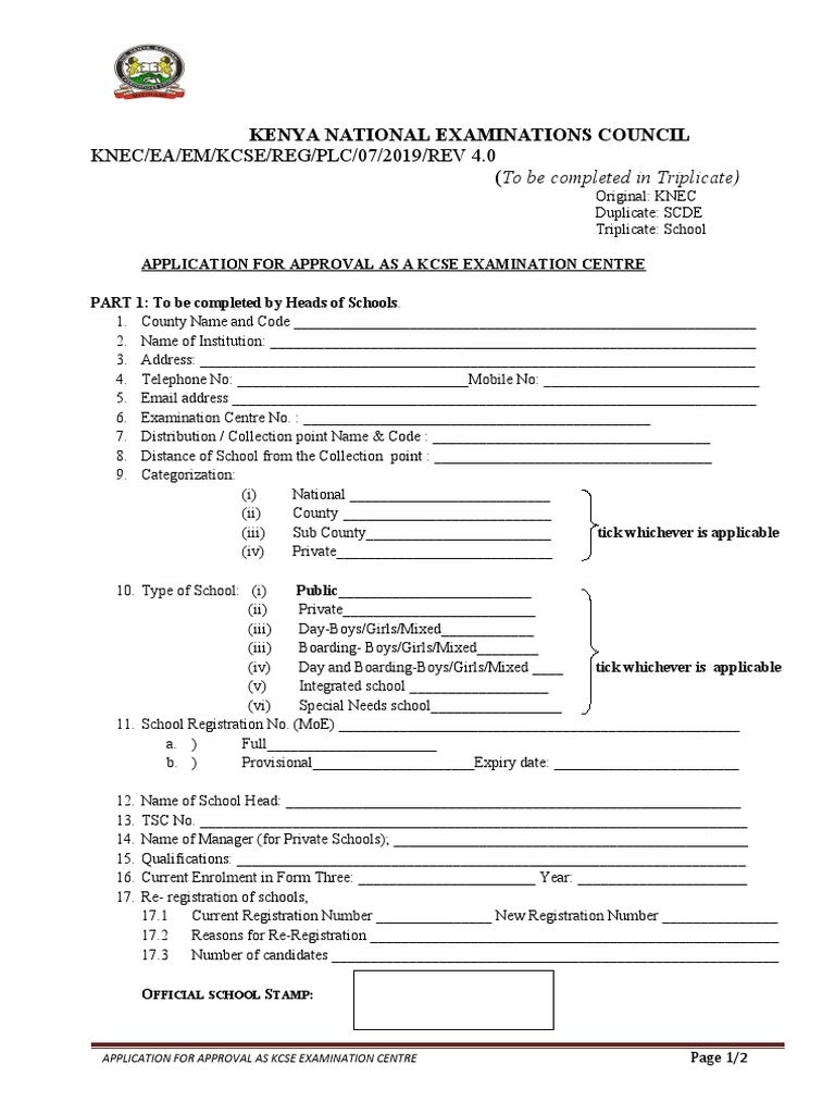 2019 Application For Approval As A KCSE Examination Centre | PDF