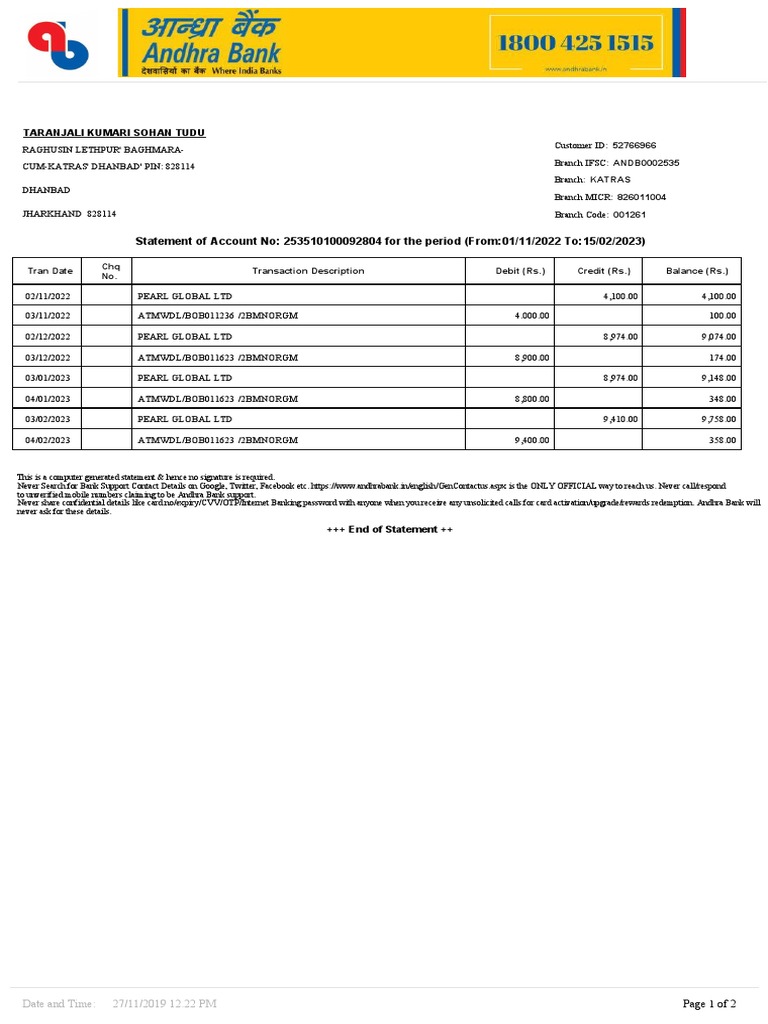 Andhra Bank Account Statement Summary | PDF | Access Control ...