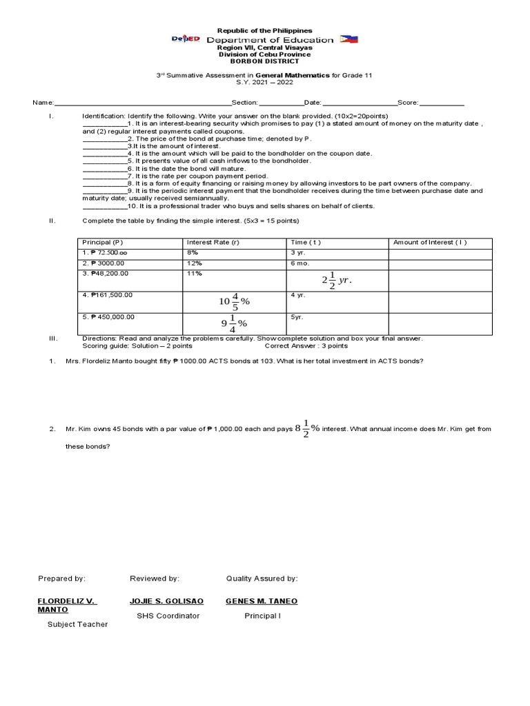 3rd Gen Math Summative | PDF | Bonds (Finance) | Interest